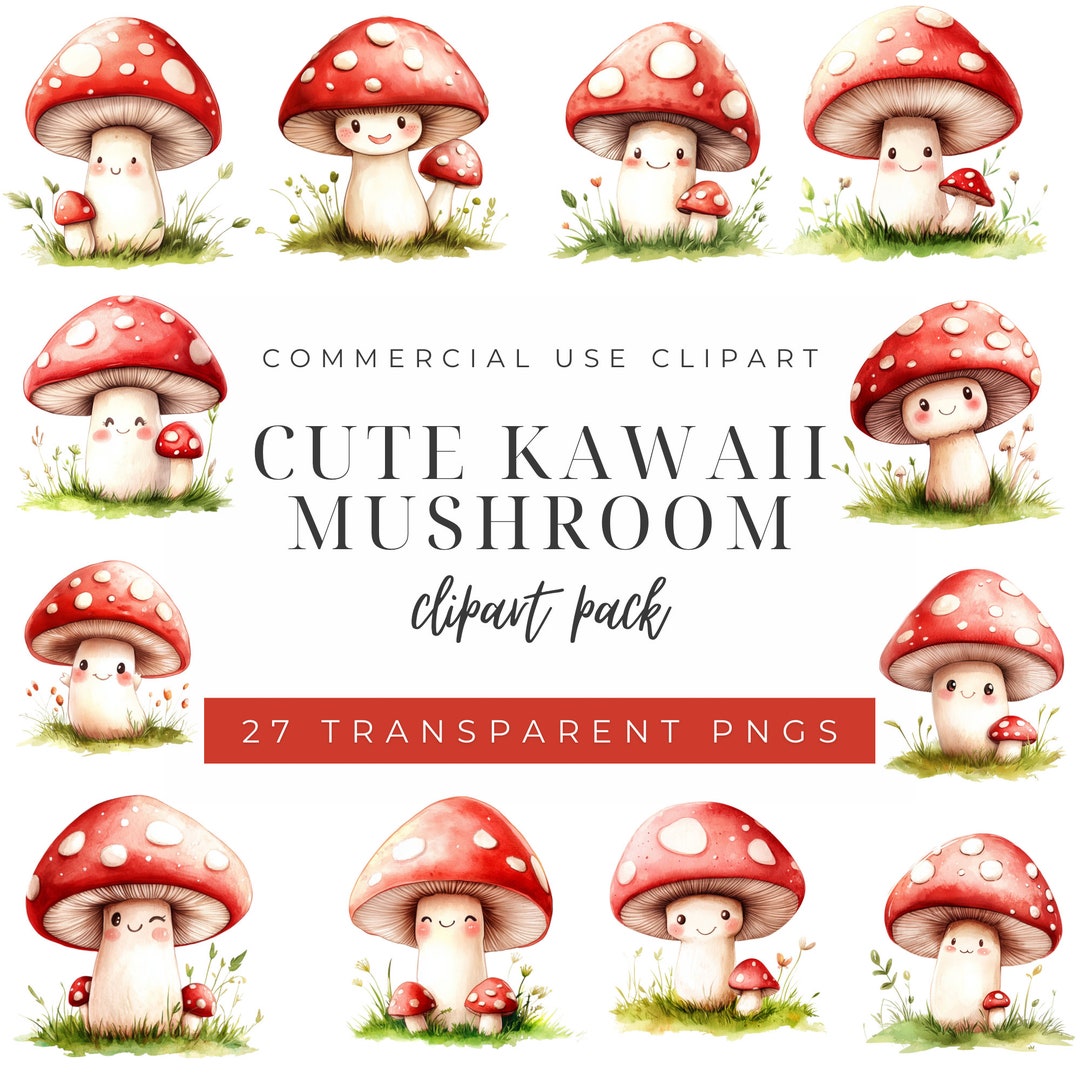 Watercolour Cute Kawaii Toadstool Mushroom Cliparts, 27 Pngs ...