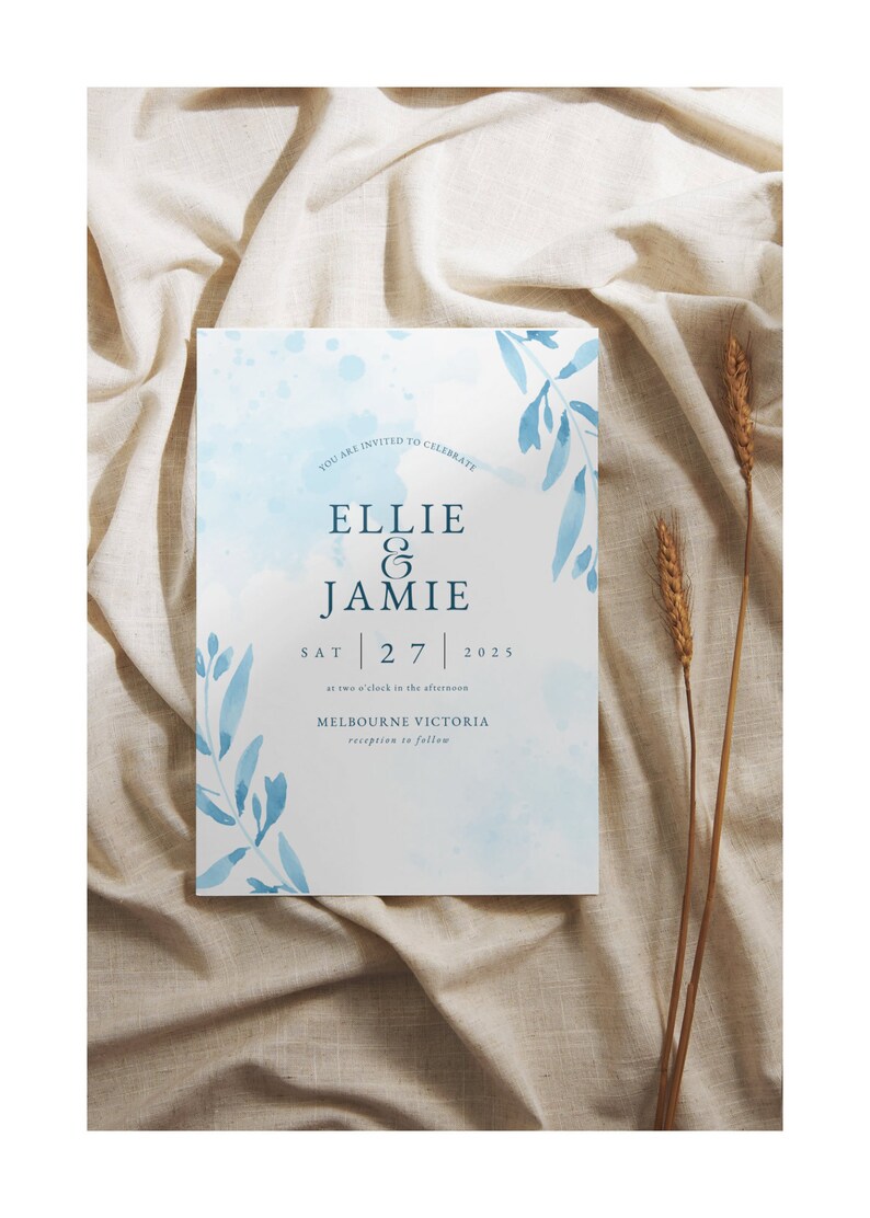 Printable Blue Leaves Watercolour Wedding Invitations, RSVP, Details ...