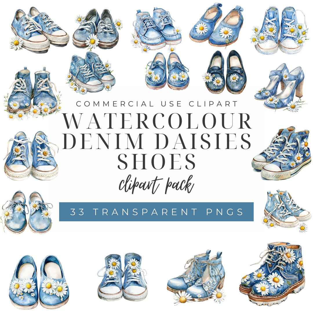 Watercolour Blue Demin and Daisies Shoes Clipart, Converse, Boots ...