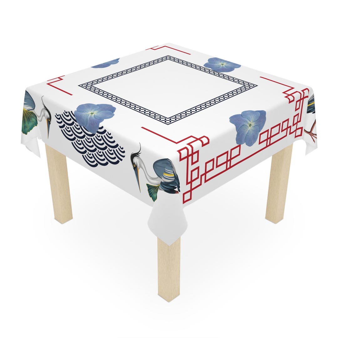Chinoiserie Cranes White Hydrangeas Tablecloth, Mahjong Lunch Cover ...