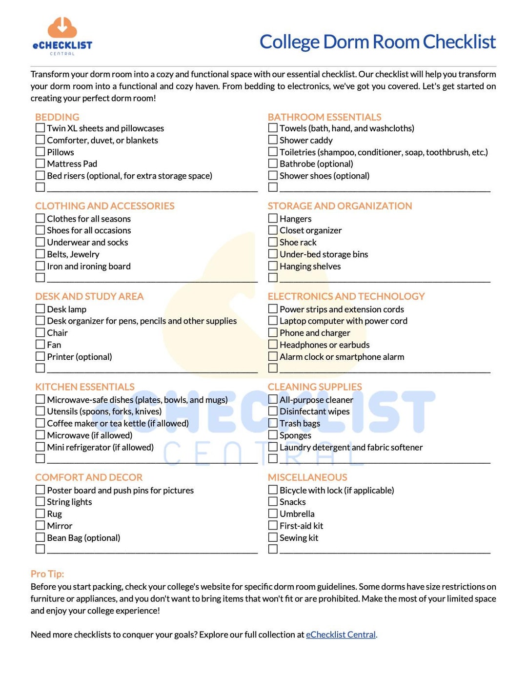 College Dorm Room Checklist, Dorm Packing List, College Move-in, Dorm ...