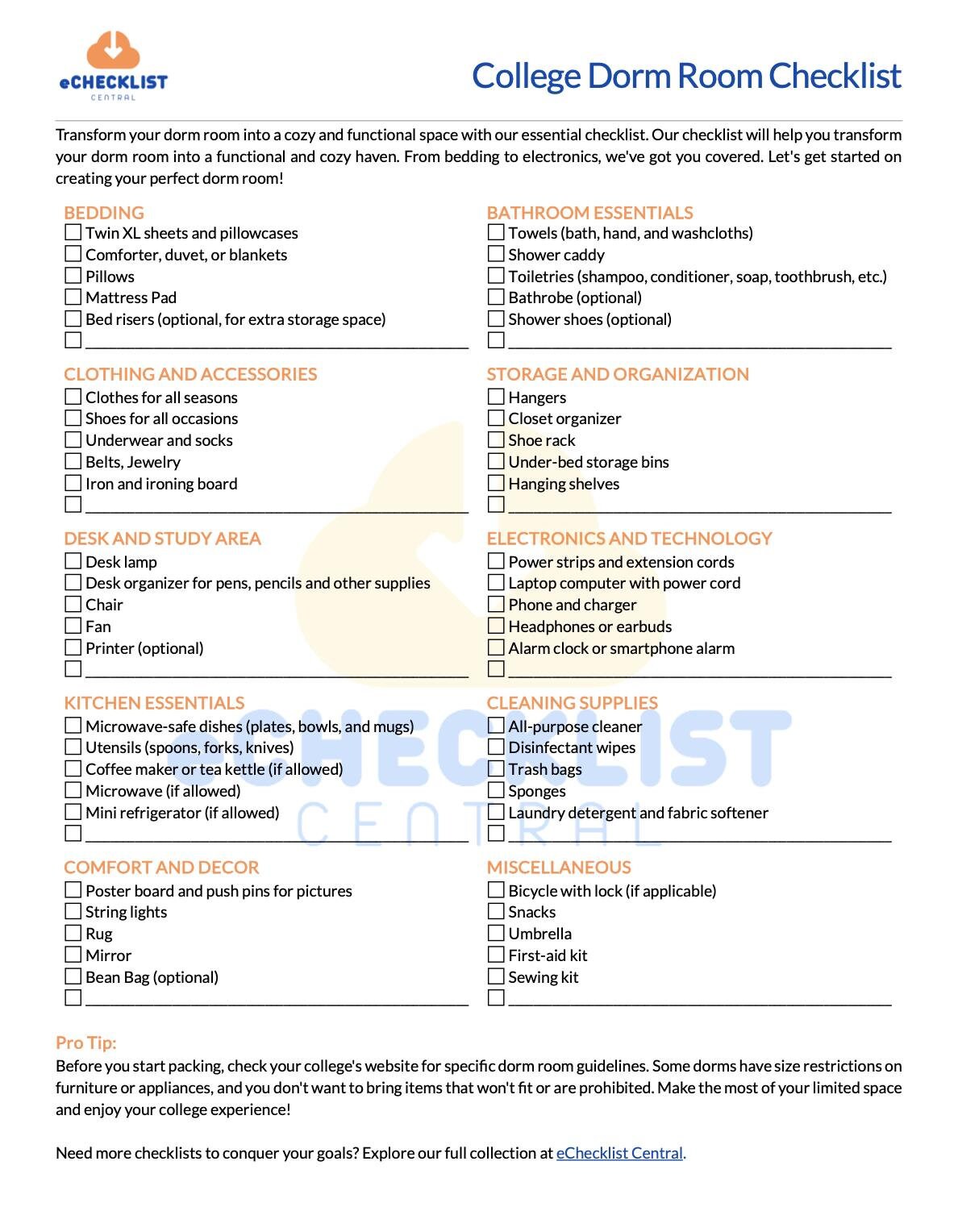 College Dorm Room Checklist, Dorm Packing List, College Move-in, Dorm ...
