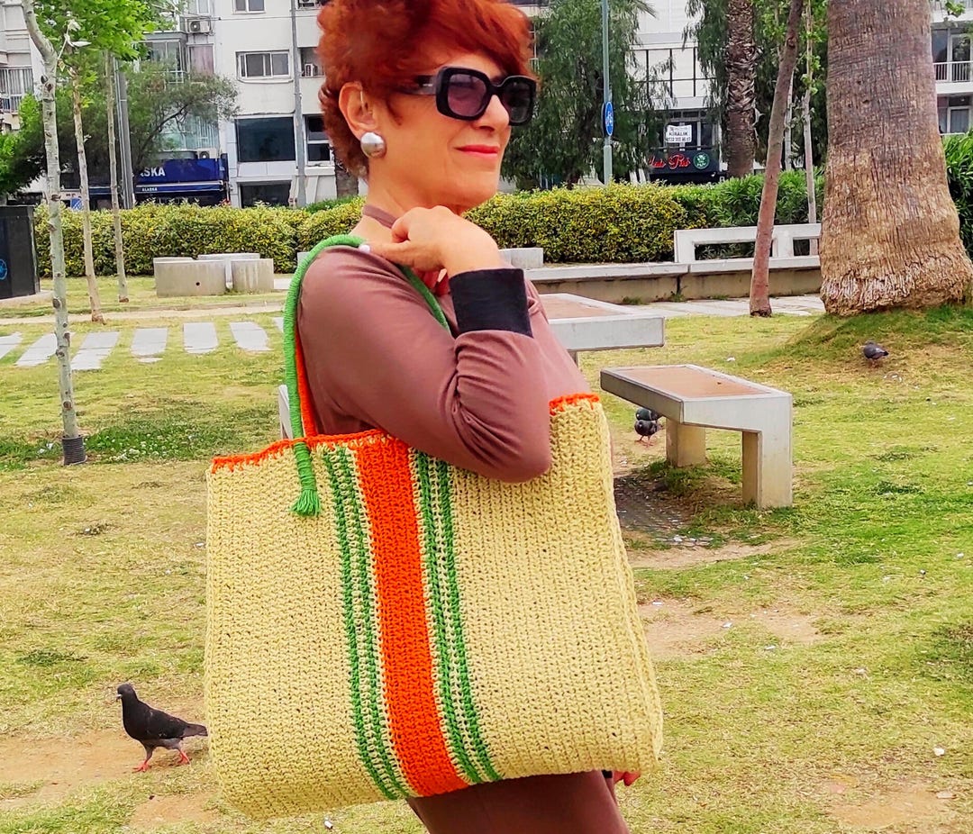 Handmade Crochet Tote Bag, Paper Yarn Boho Striped Bag. - Etsy