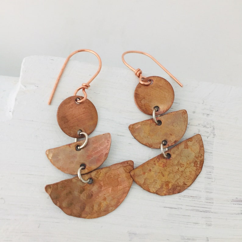 Copper Half Moon Earrings, Copper Disc Earrings, Boho Chic Earrings ...