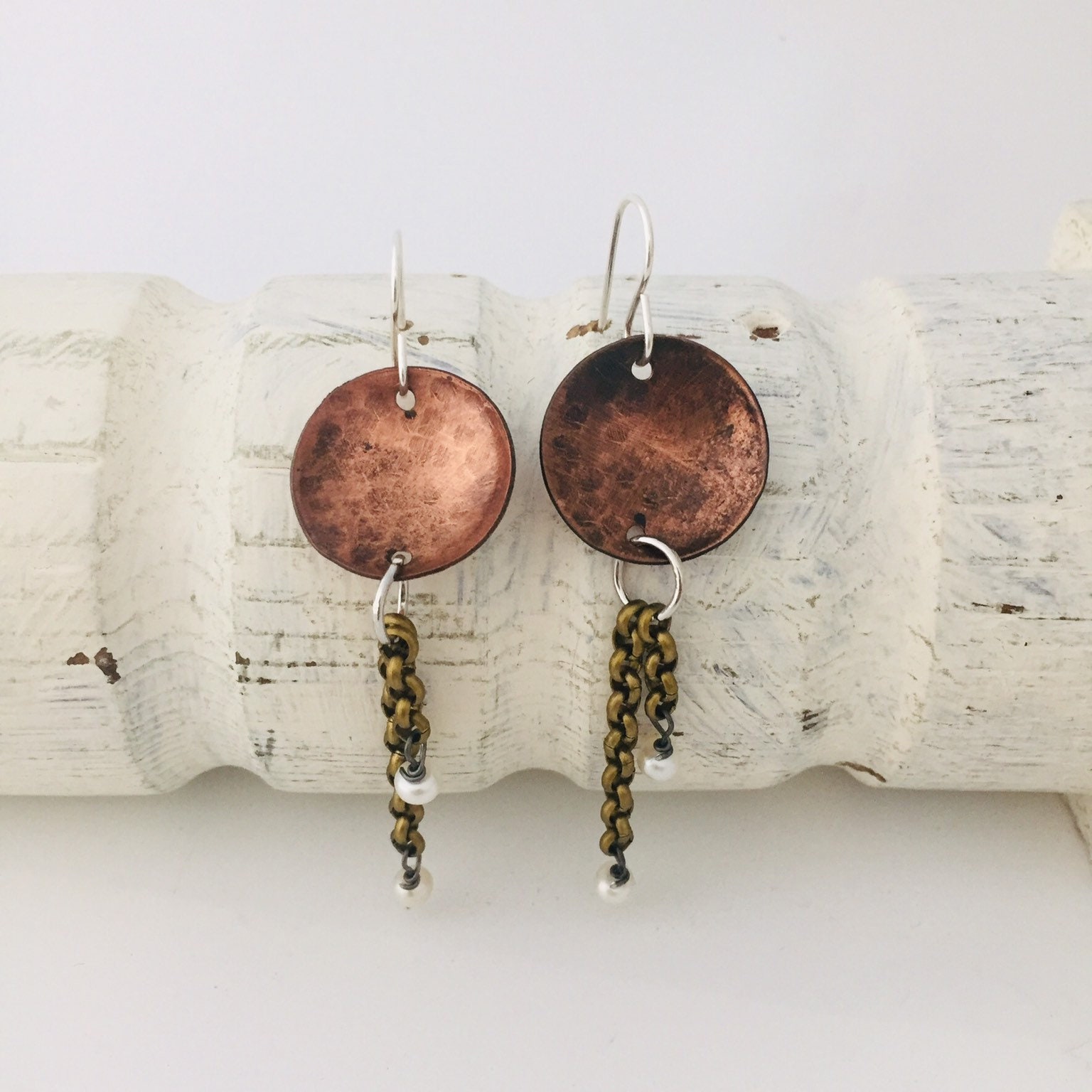 Copper Earrings, Copper Disc Earrings, White Pearl Earrings, Boho Chic ...