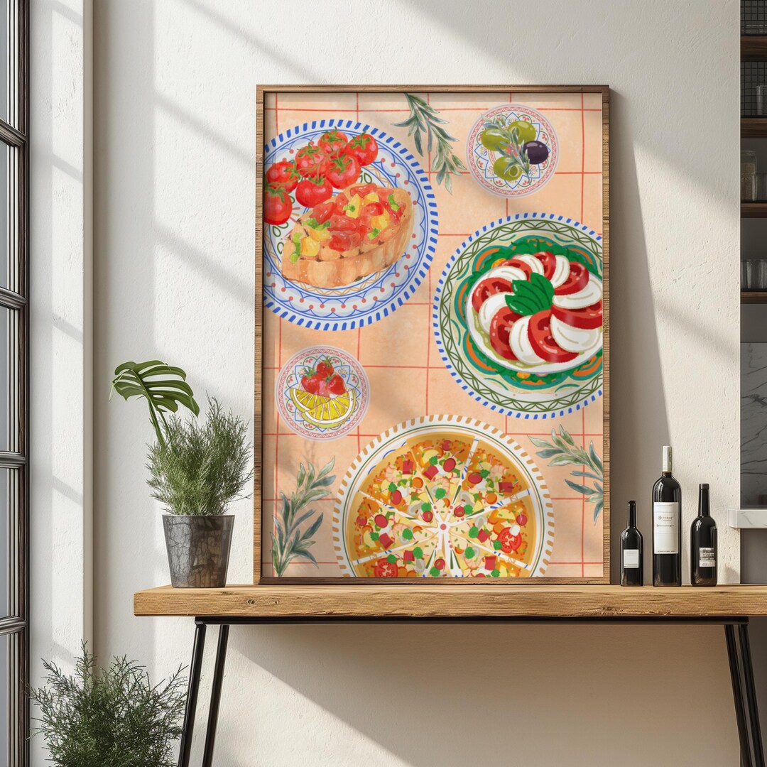 Italian Food Family Meal Print on Checkerboard Background - Etsy
