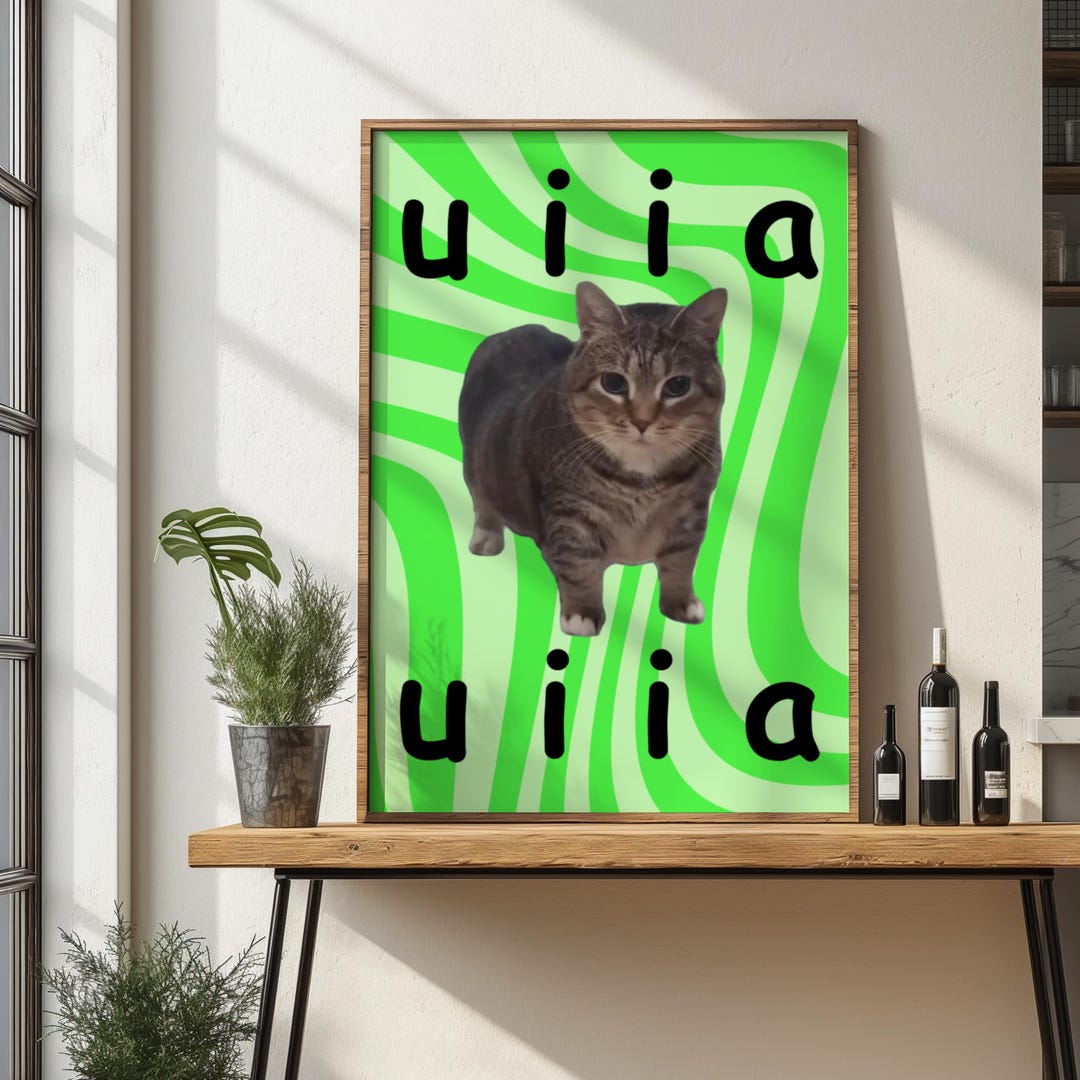 Uiia U I I a Tik Tok Trend Cat Lovers Bright Green Groovy Contemporary Wall Art. Brain Rot for ...