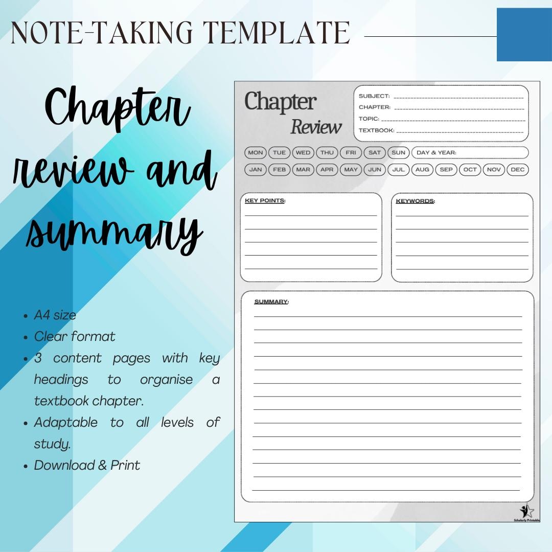 Printable Chapter Review/summary Note-taking Template instant Download ...