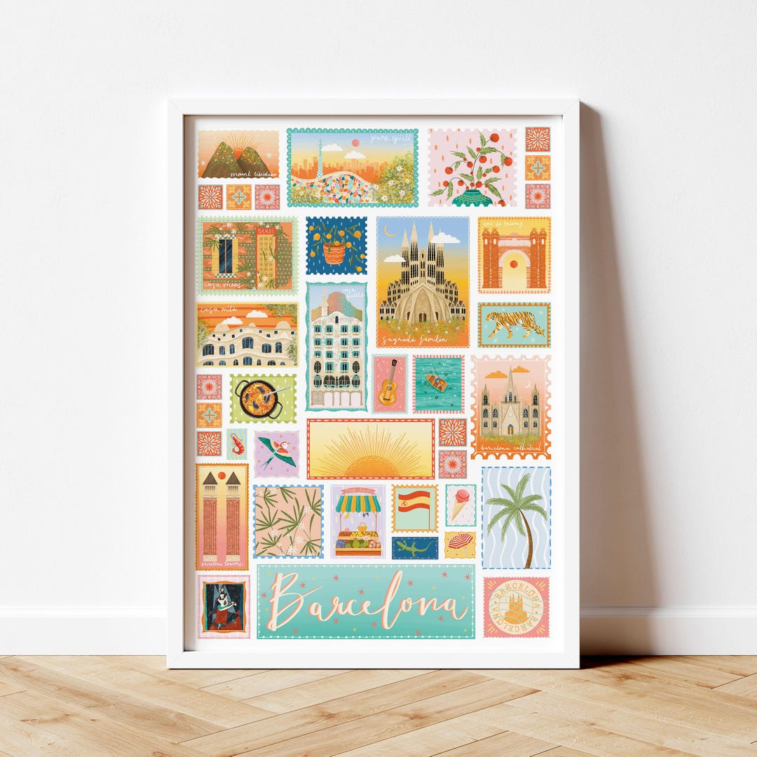 Barcelona Illustrated Stamps Print: Travel Wall Art - Digital Print ...