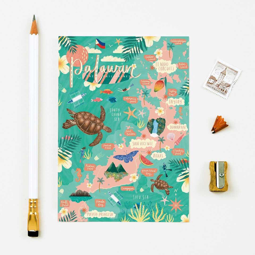 Palawan Illustrated Map Postcard: Philippines Travel Art - Etsy