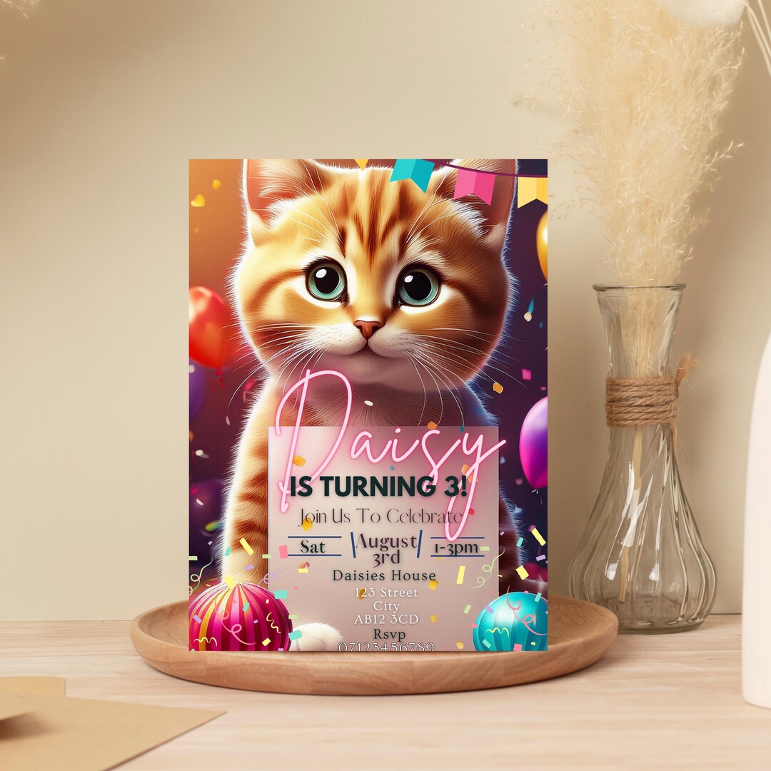 Cat Themed Birthday Invitation, Cat Birthday Invite, Cat Birthday ...