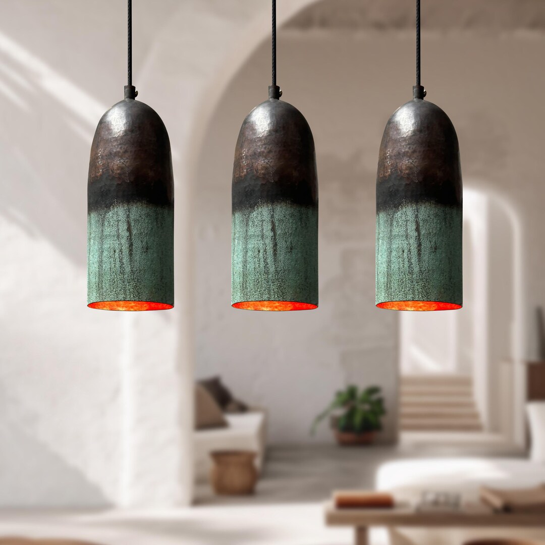 Trio of Verdigris Copper Pendant Lights – Handcrafted Oxidized Cylinder ...