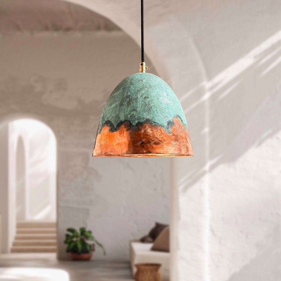Verdigris Copper Pendant Light – Handcrafted Green Patina Ceiling ...