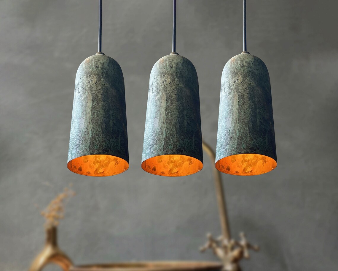 Set of 3 Oxidized Copper Pendant Light, Long Copper Pendant Lamp ...