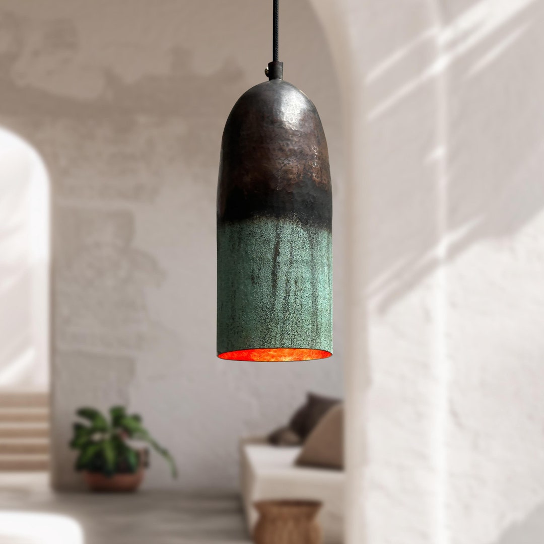 Green Patina Copper Pendant Light – Handmade Oxidized Cylinder Ceiling ...