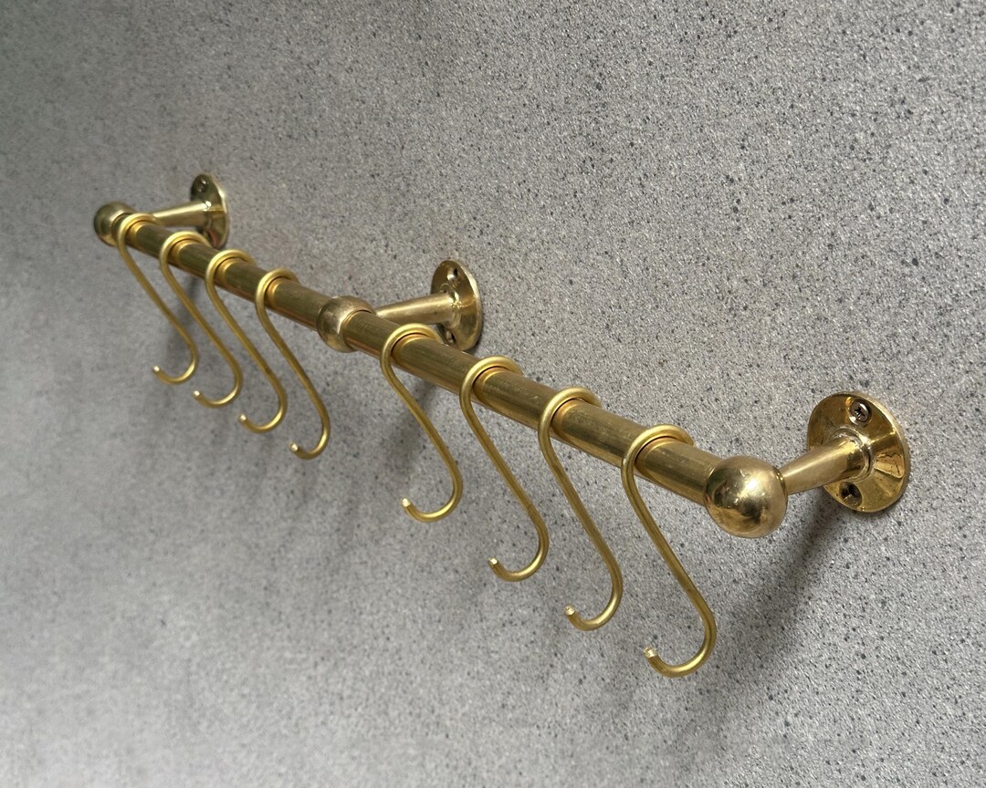Unlacquered Solid Brass Pot Rail With S Hooks, Handmade Solid Brass Pot ...