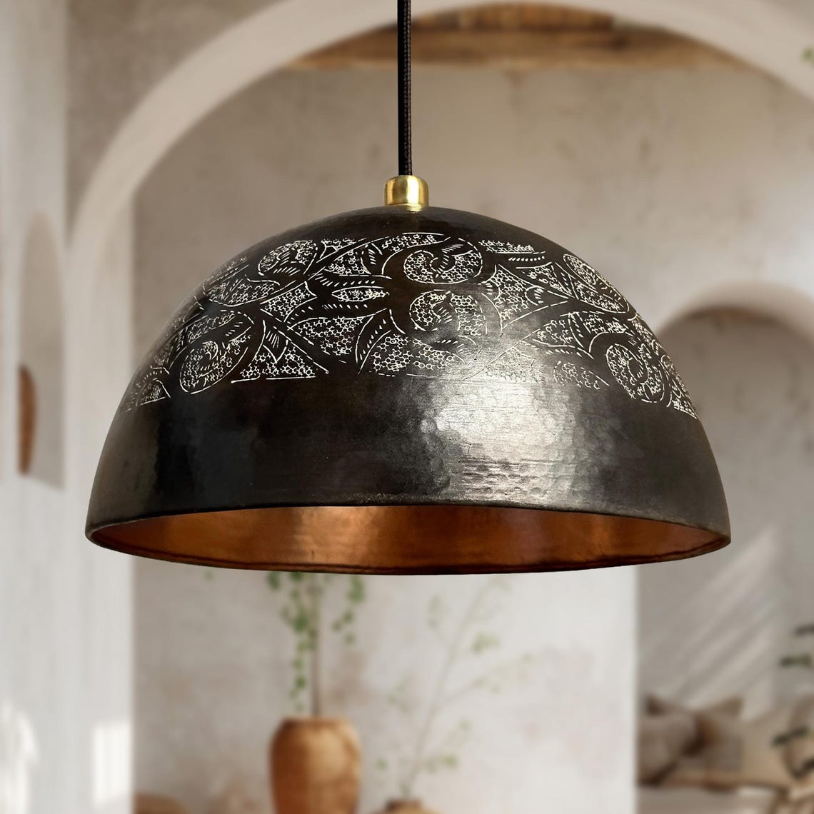 Hand Engraved Copper Pendant Light, Engraved Dome Ceiling Light, Solid ...