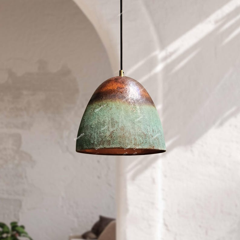 Verdigris Copper Dome Pendant – Handcrafted Oxidized Green and ...