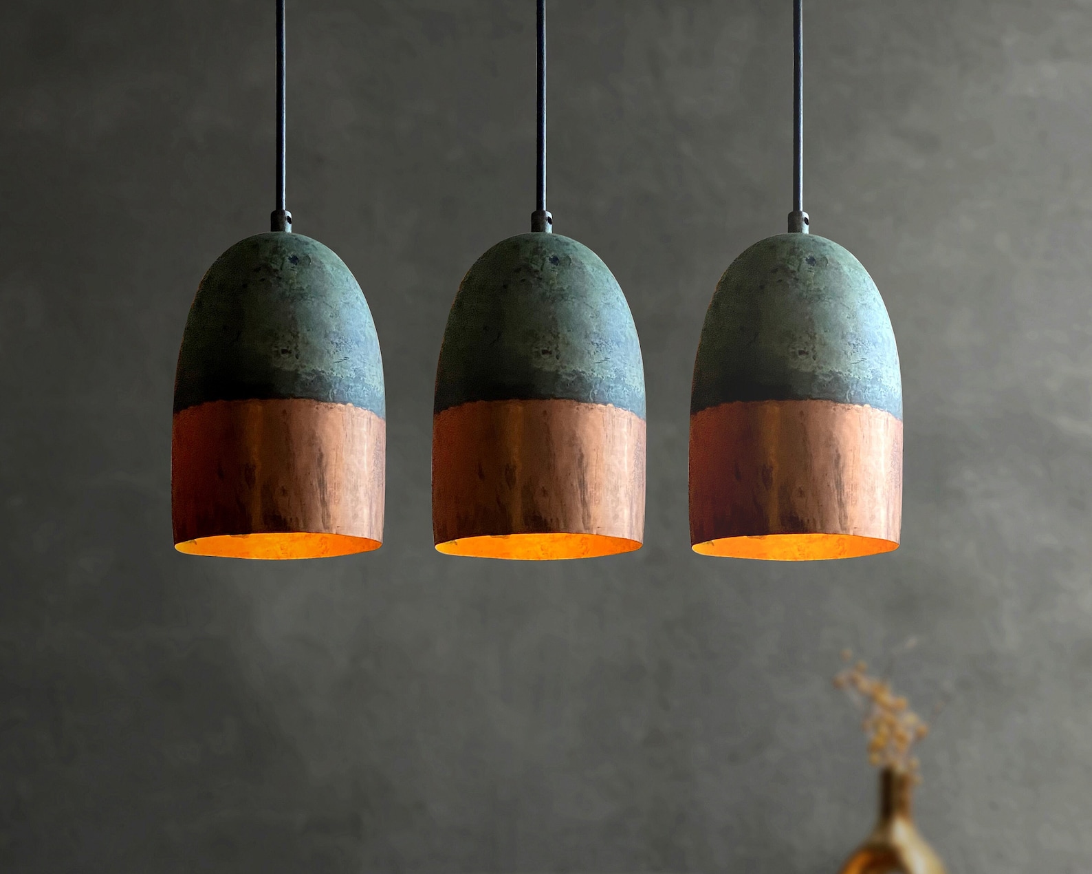Set of 3 Oxidized Copper Pendant Light, Green Patina Farmhouse Light ...