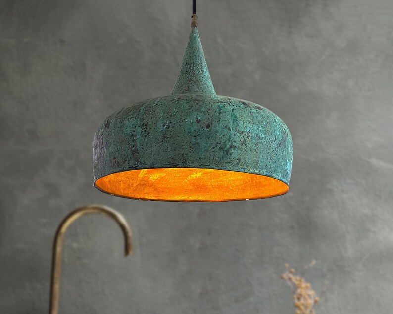 Vintage Copper Pendant Light, Green Patina Copper Hanging Light Fixture, Oxidized Dome Ceiling ...