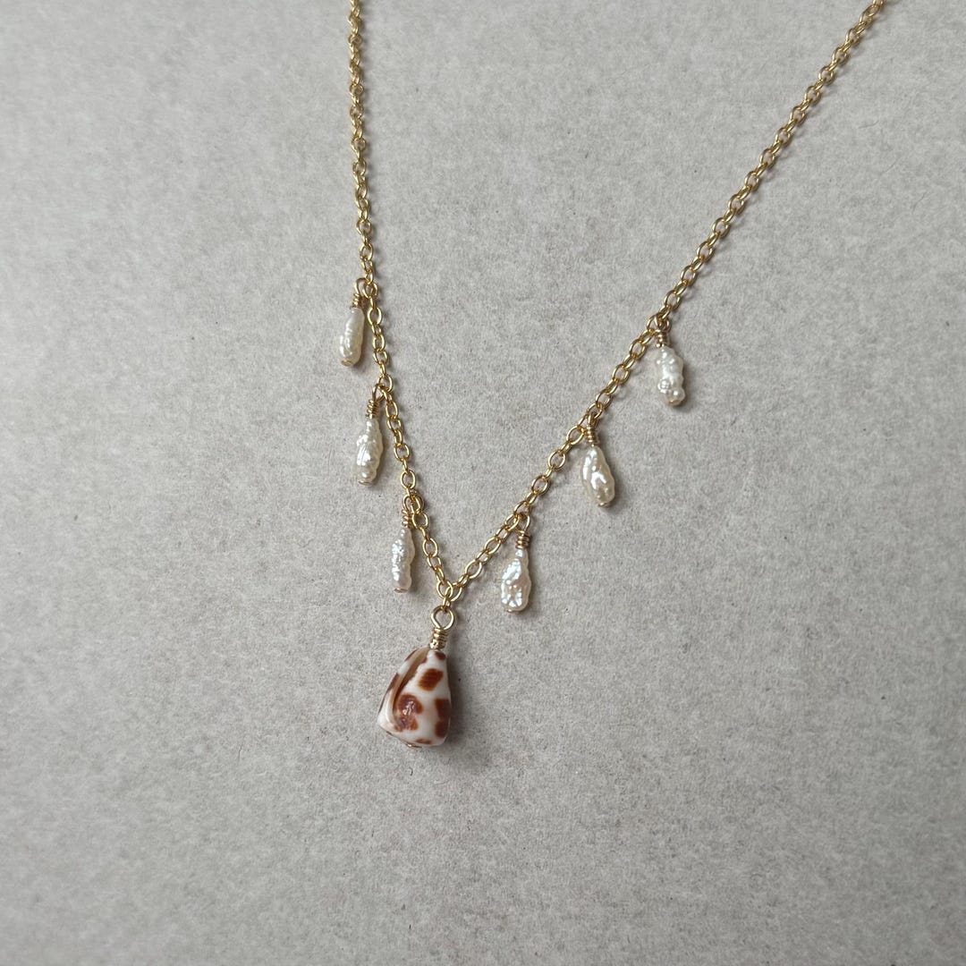 Hebrew Cone Shell Necklace, Dangling Keshi Freshwater Pearls, 14k Gold ...