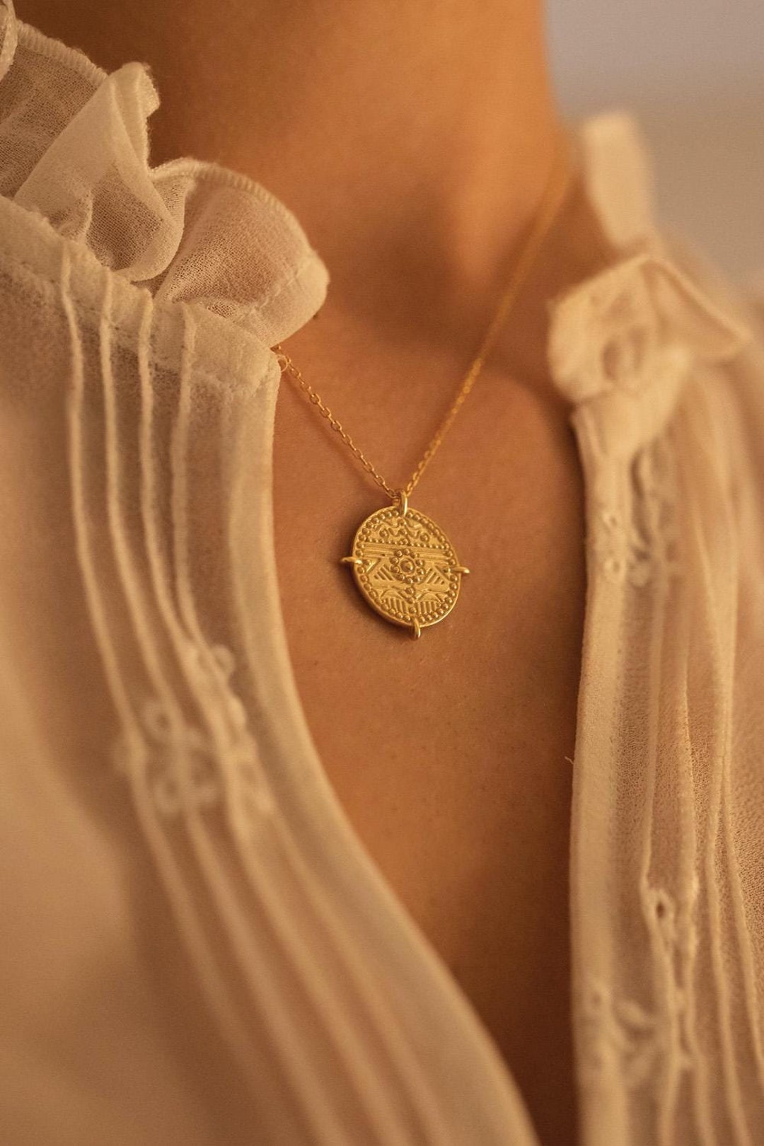 14K Gold Aztec Necklace, Aztec Jewelry, Gold Coin Necklace Pendant ...
