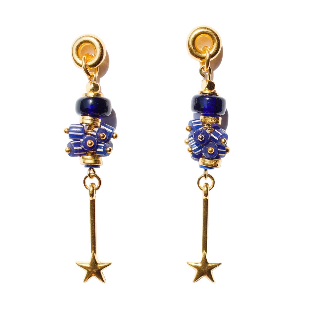 PUERTO ESTRELLA Dark Blue and Gold Long Earrings - Etsy