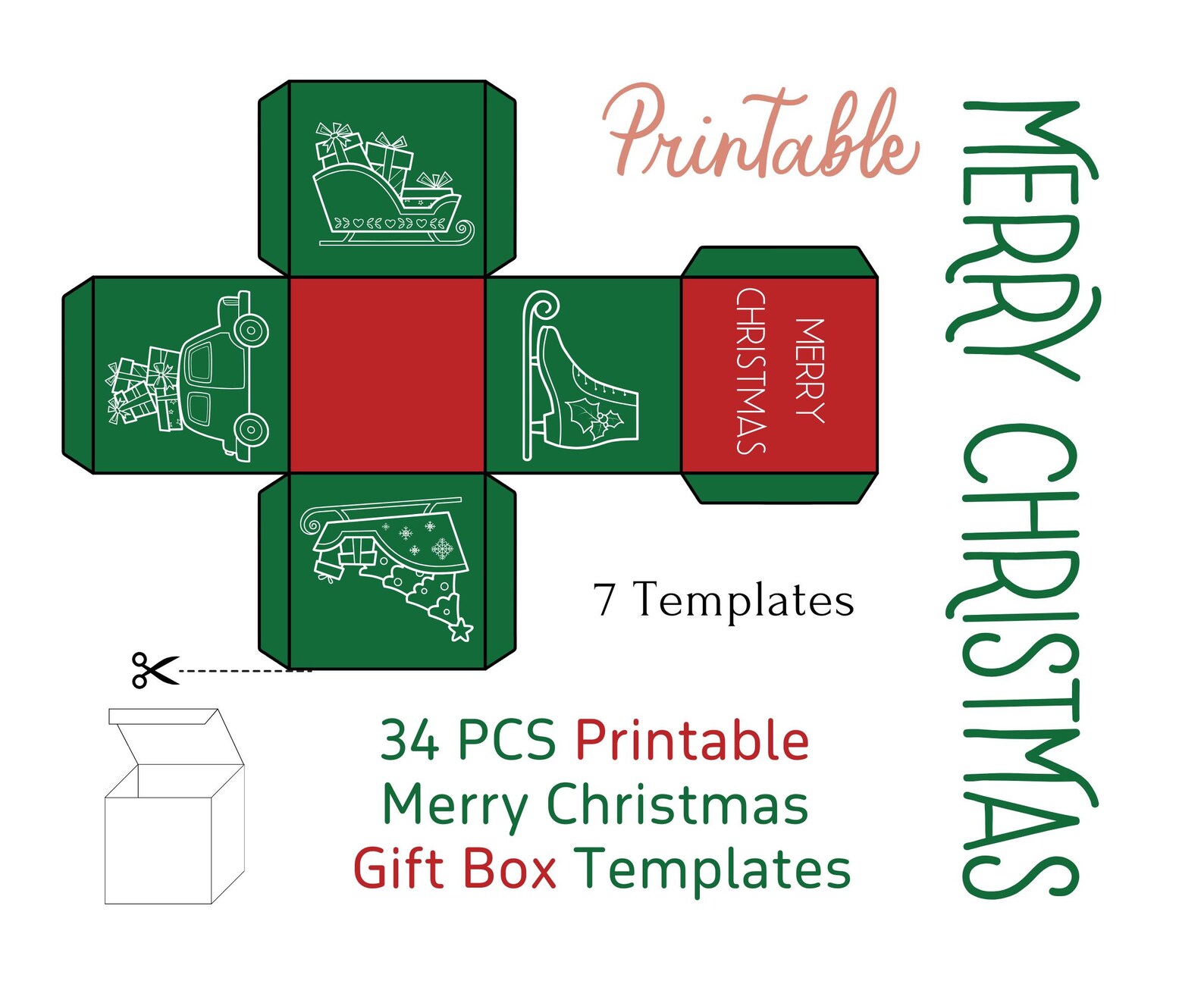 Printable Merry Christmas Gift Box Templates DIY Red Green White ...