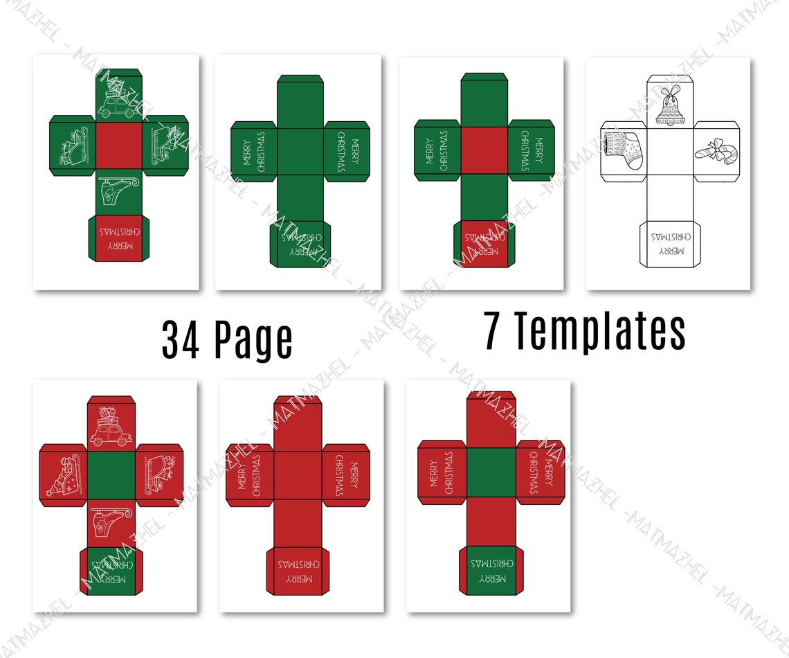 Printable Merry Christmas Gift Box Templates DIY Red Green White ...