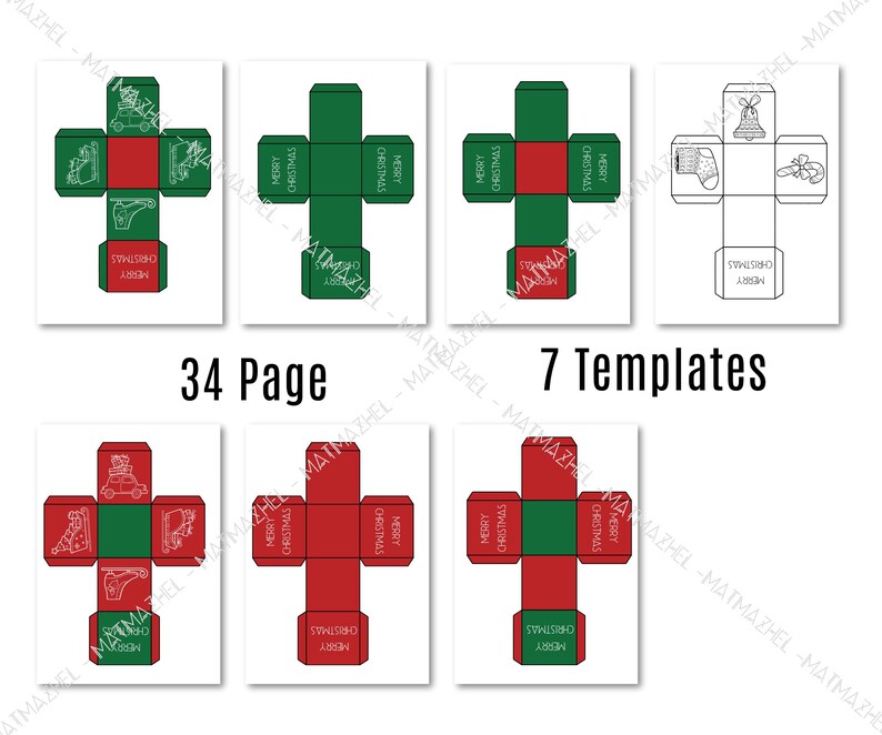 Printable Merry Christmas Gift Box Templates DIY Red Green White ...