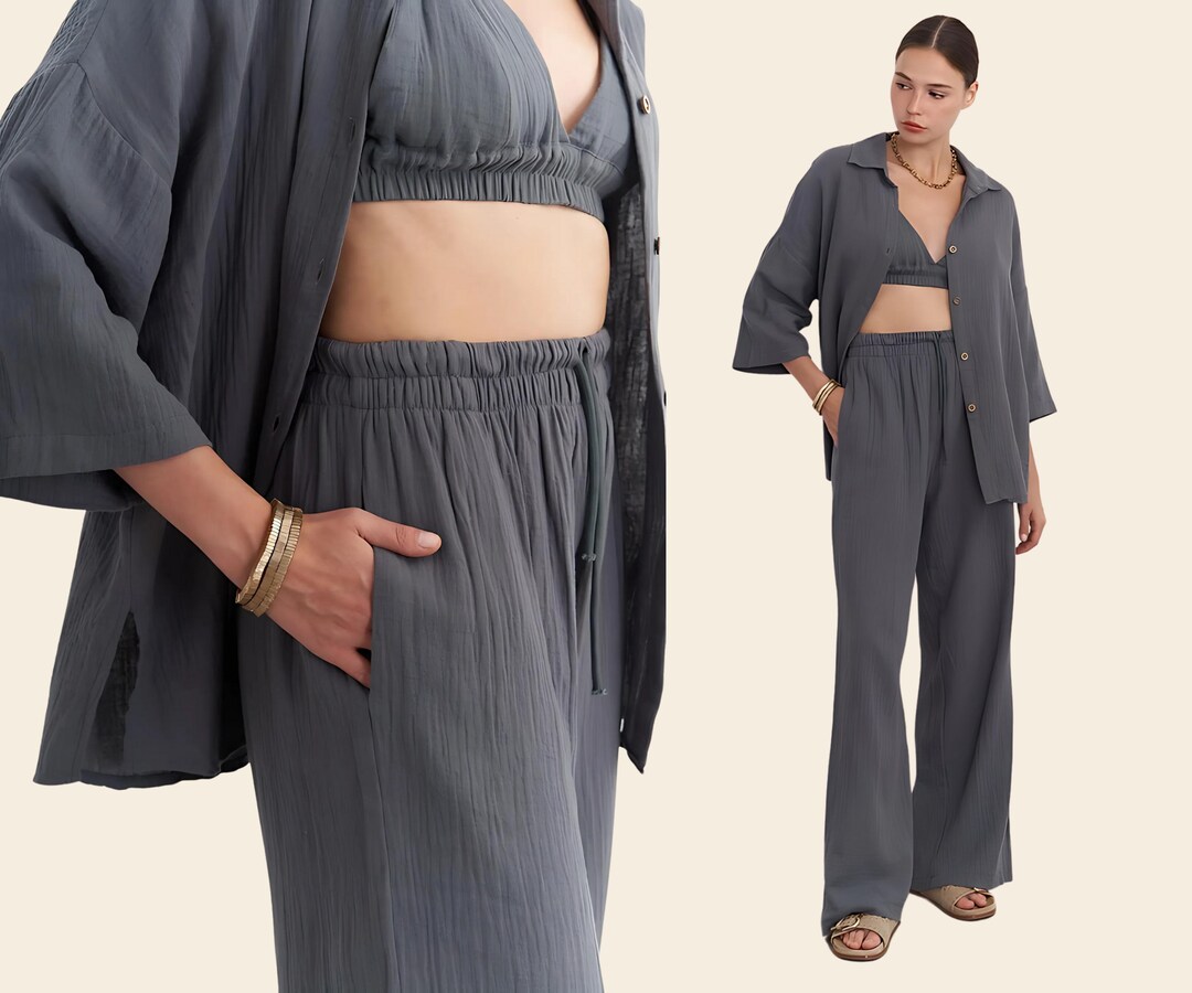 Boho Co-ord Set Three Piece Outfit Set Shirt, Crop Top & Pants Organic ...