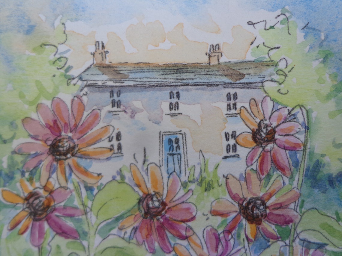 Garden Cottage, Watercolour Painting, Flowers, Countryside Cottage ...