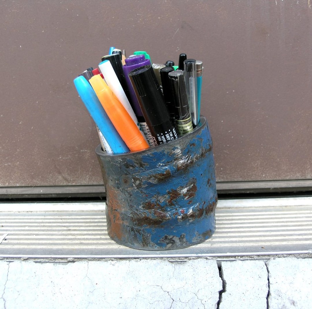 Blue Pen Cup, Metal Pen Holder, Industrial Office, Iron Desk Accessory ...