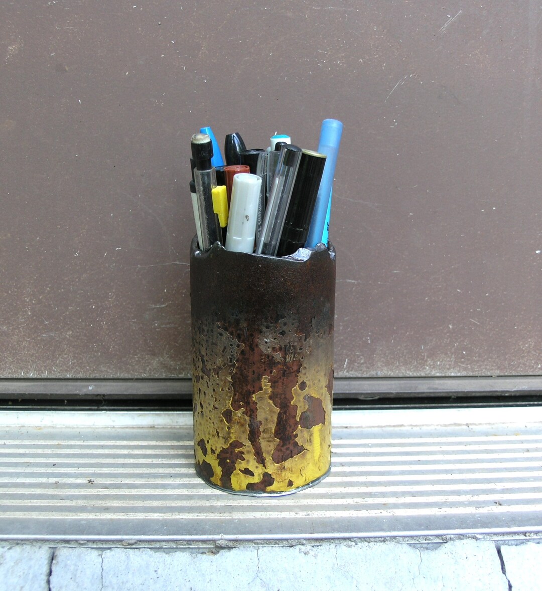 Yellow Pen Cup, Metal Pencil Holder, Utensil Storage, Industrial Office ...