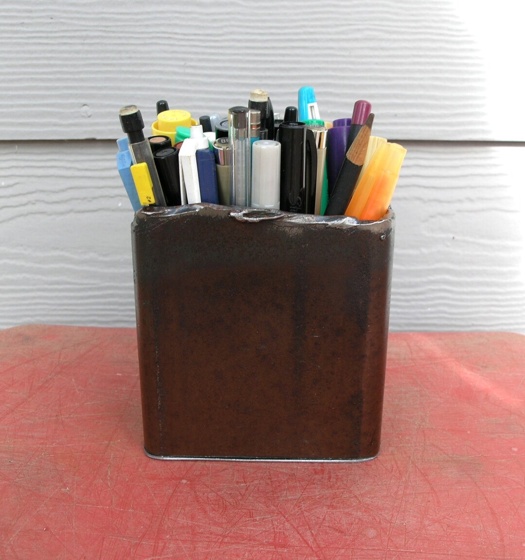 Metal Pencil Holder, Brown Pen Box, Large Pen Box, Square Industrial ...