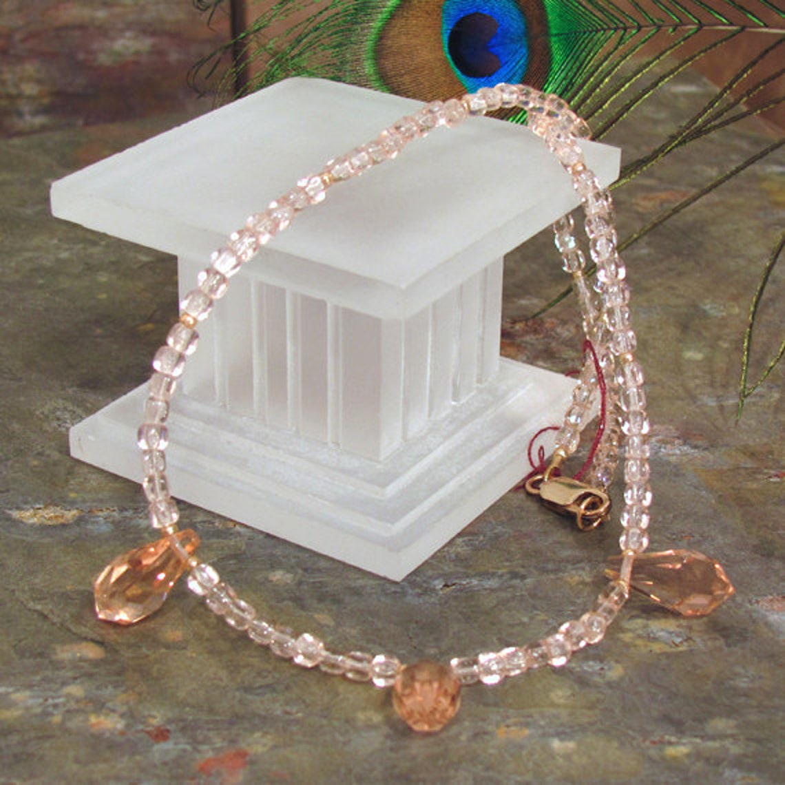 Peach Ice Crystal Necklace ~ Peachy Pink Faceted Crystal ~ 17" Long ...