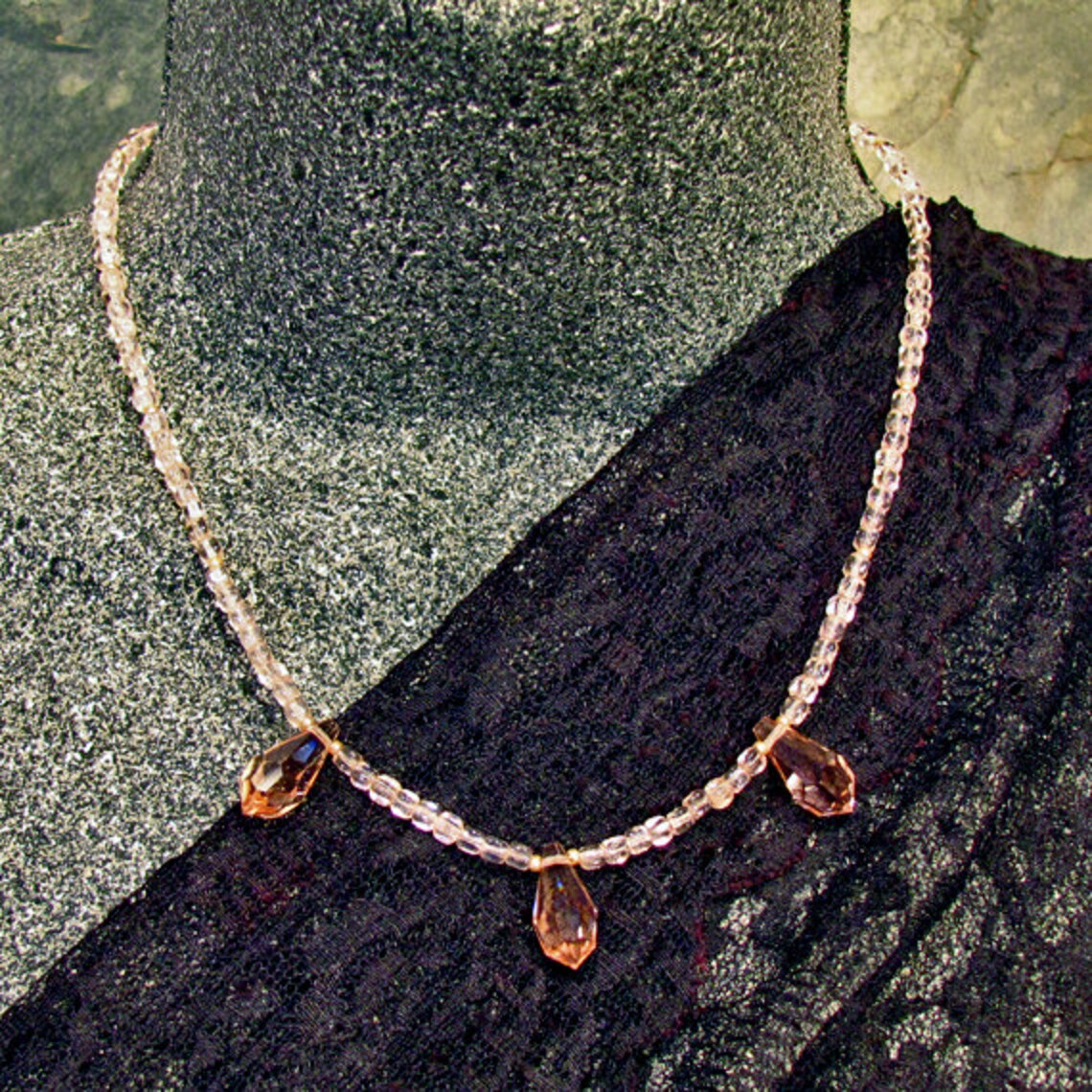 Peach Ice Crystal Necklace ~ Peachy Pink Faceted Crystal ~ 17" Long ...