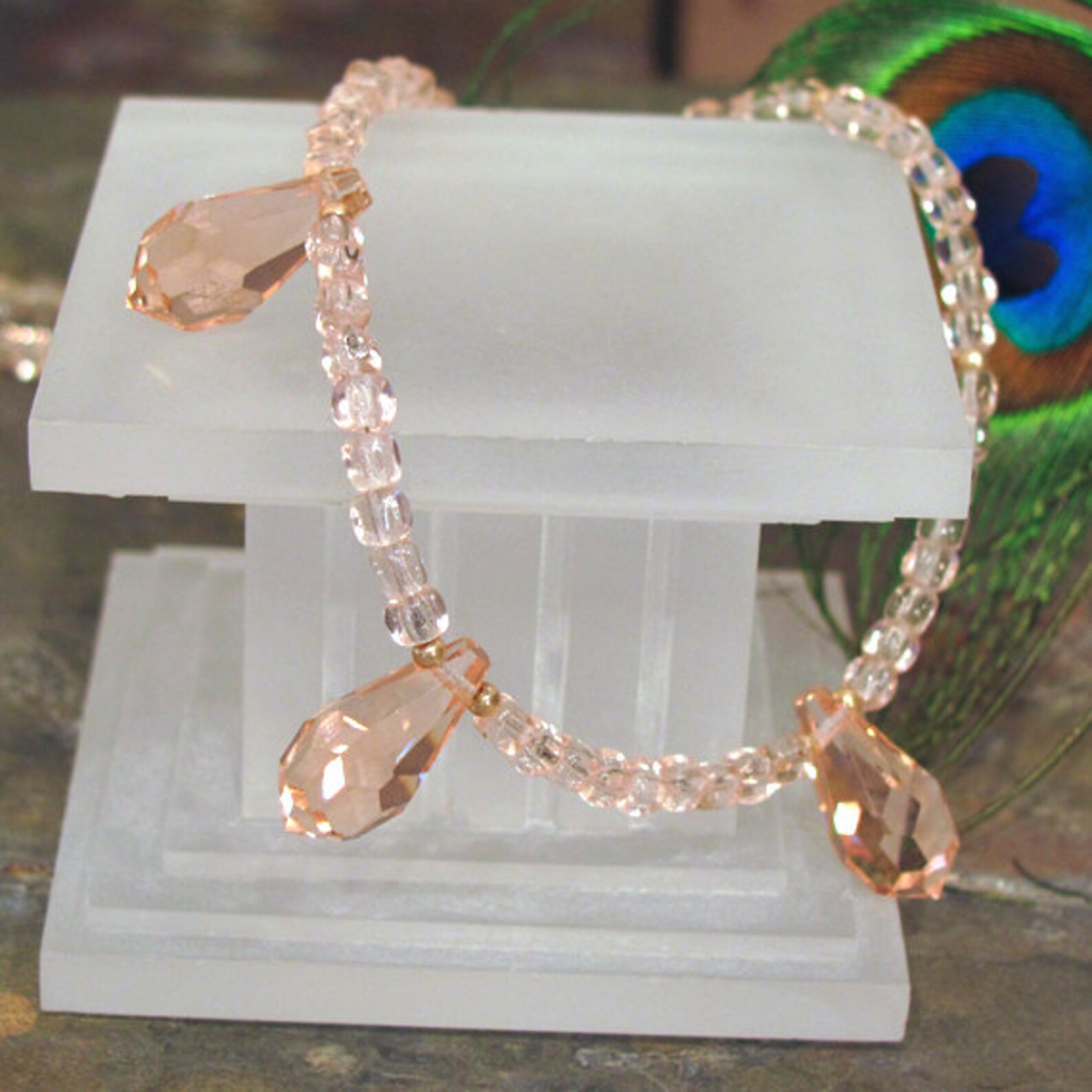 Peach Ice Crystal Necklace ~ Peachy Pink Faceted Crystal ~ 17" Long ...