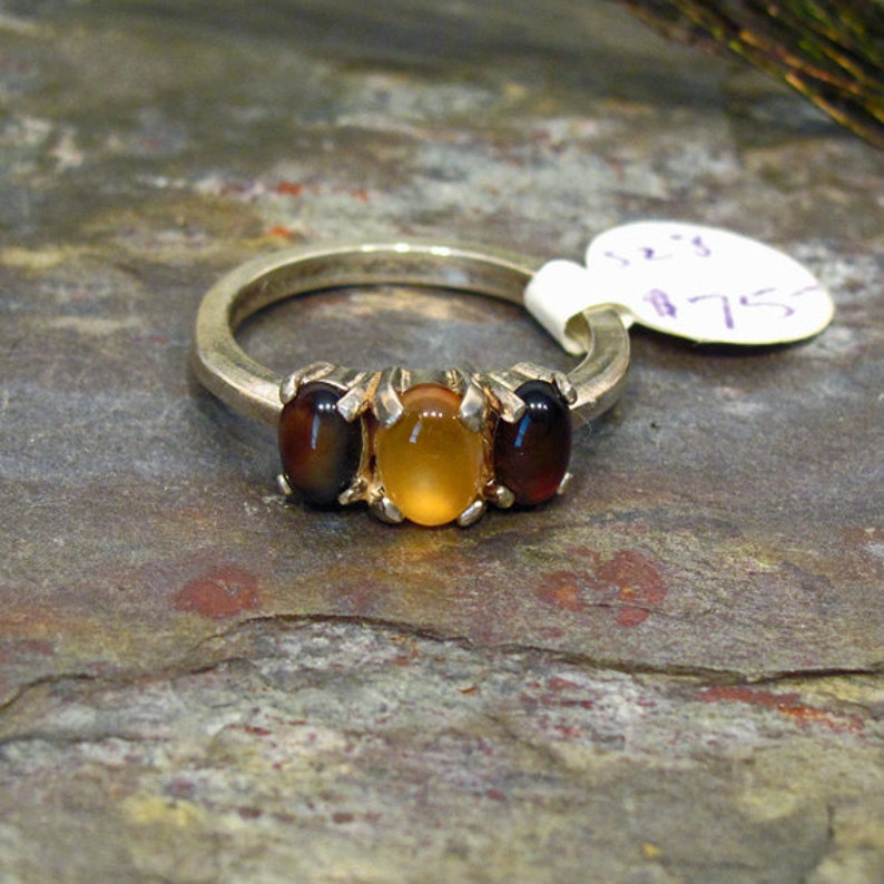 Maroon & Gold Ring: Honey Agate Flanked by Two Brown Agates Sterling ...