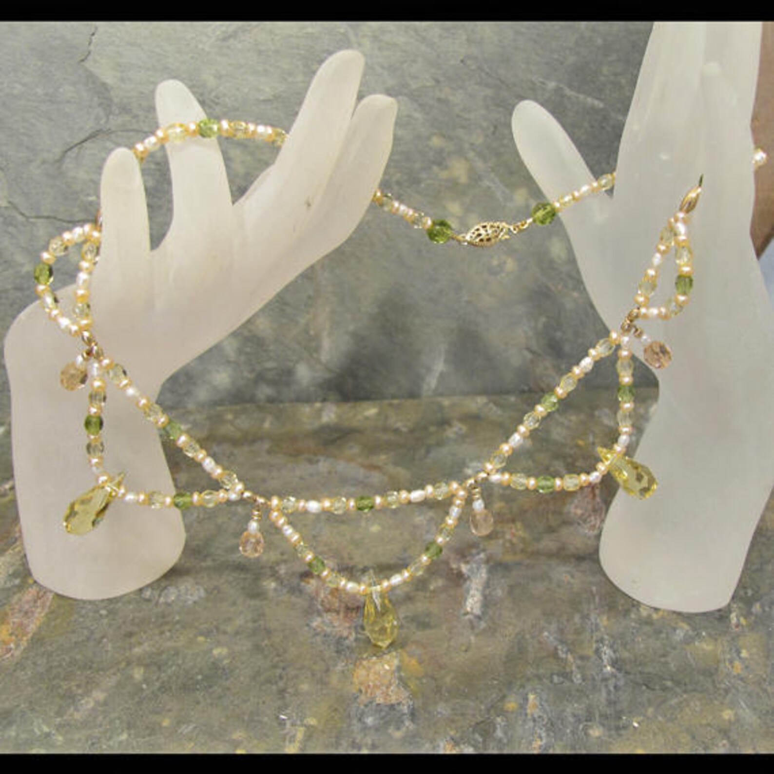 Dainty Pearl Collar Necklace Peachy Pink Freshwater Pearls With Olive ...