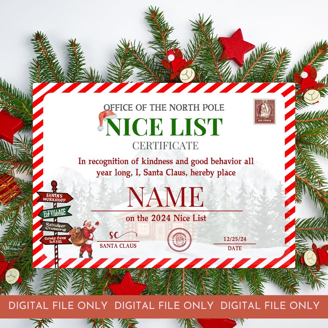 Editable Santa Claus Official Nice List Certificate Letter From Desk ...