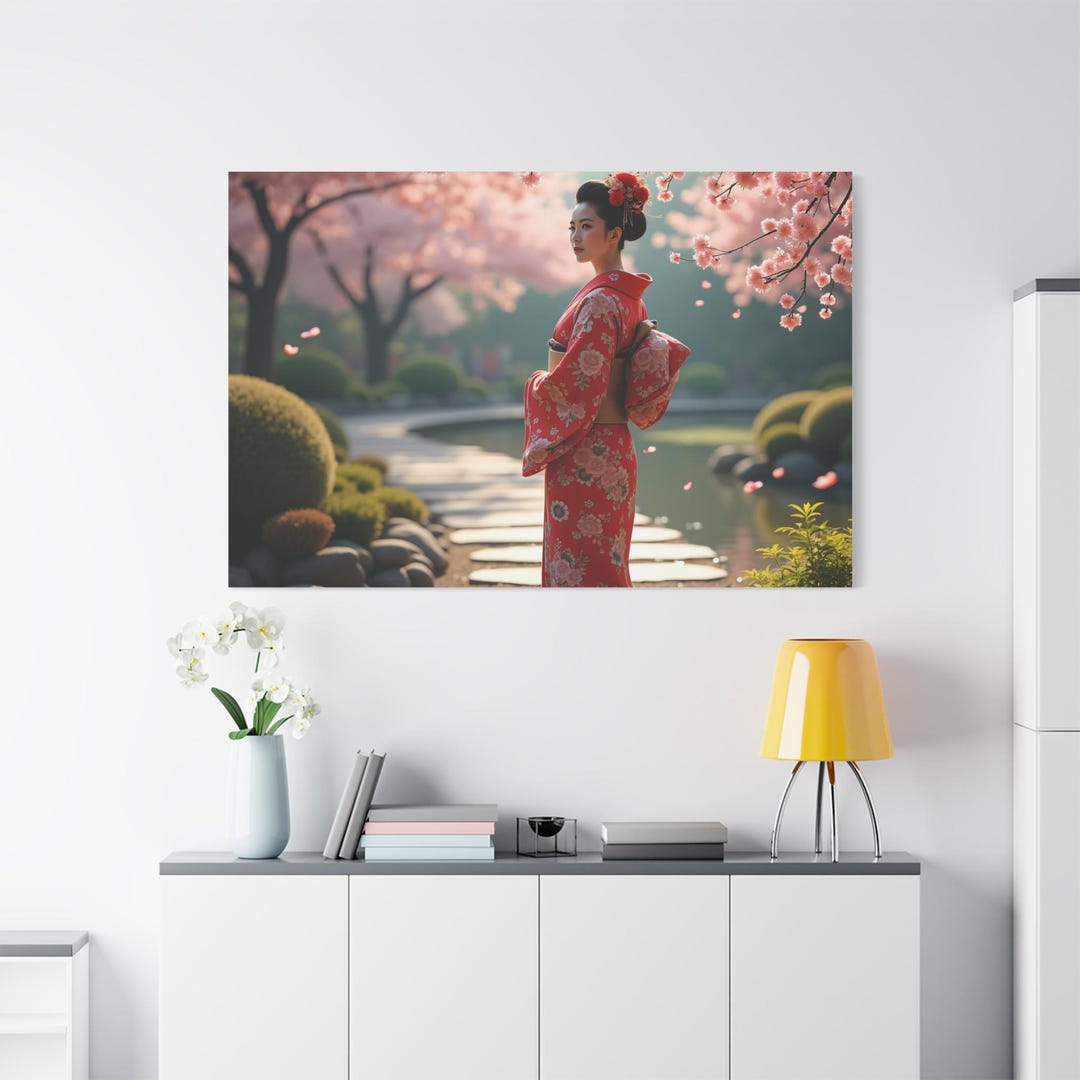 Japanese Geisha Wall Art Elegant Kimono Painting Cherry Blossom Decor ...