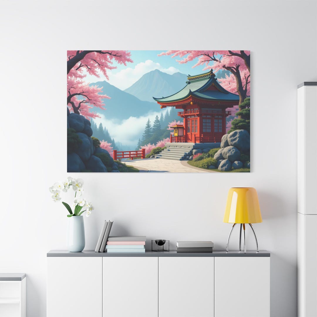 Shinto Shrine Wall Art Misty Mountain Scenic Canvas Vibrant Red-gold ...