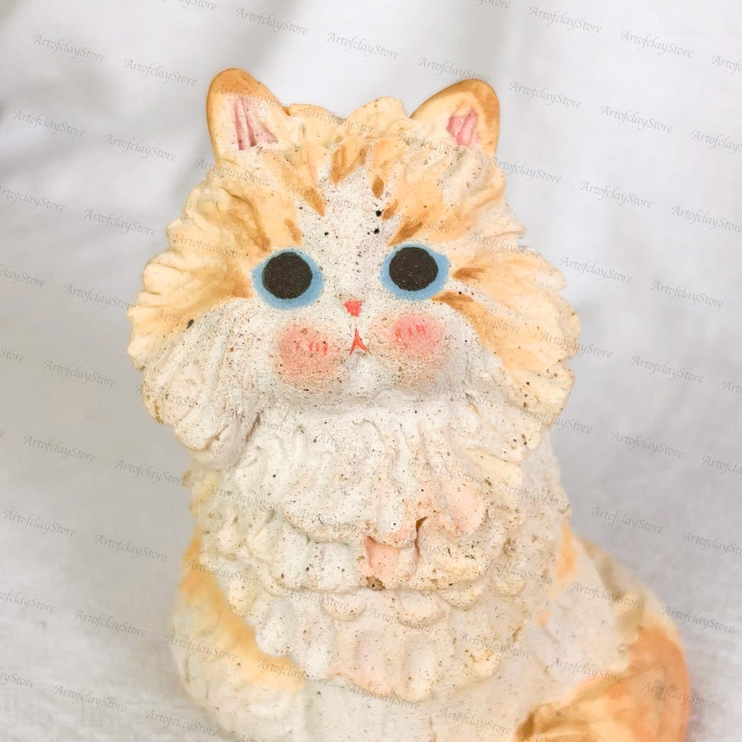 Handcrafted Clay Cat Figurine, Cute Kitten Clay Pendant, Yellow Cat ...