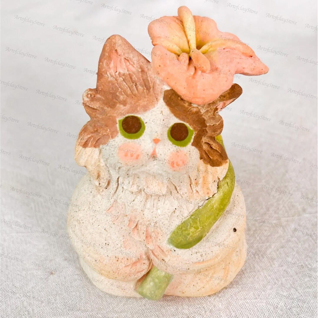 Handcrafted Clay Cat Figurine With Flower, Cute Kitten Clay Pendant ...