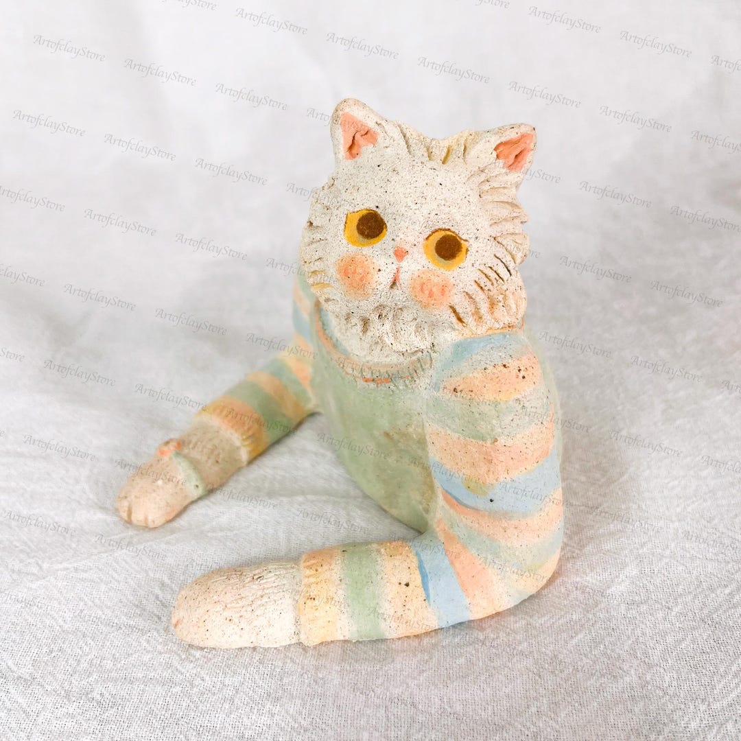 Handcrafted Clay Cat Figurine, Cute Kitten Clay Pendant, White Cat Clay ...