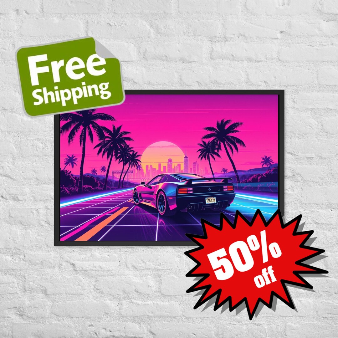 Retro 80s Neon Sunset Poster Vibrant Sports Car and City Skyline With ...