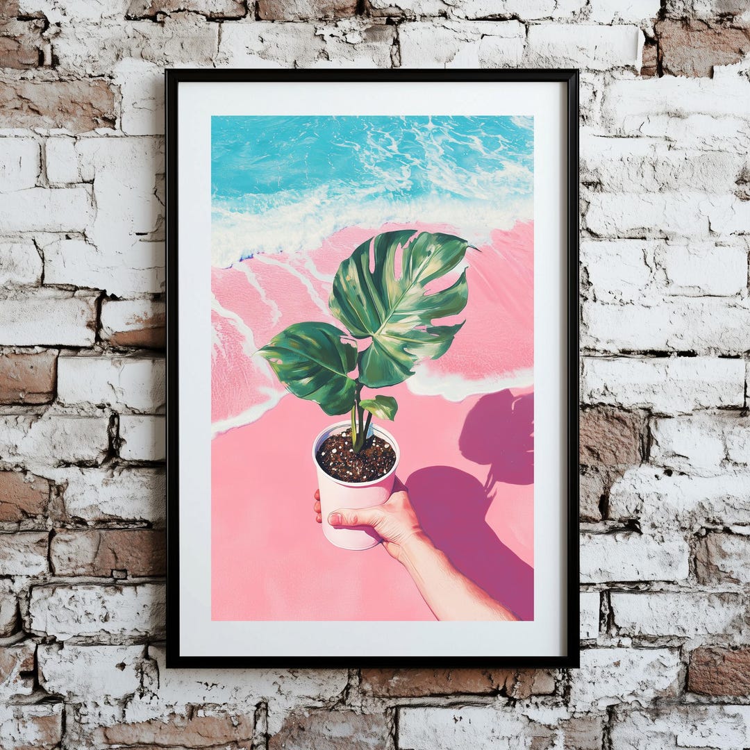 Surrealism Potted Plant Pink Beach Wall Art - Printable Vibey Plant ...