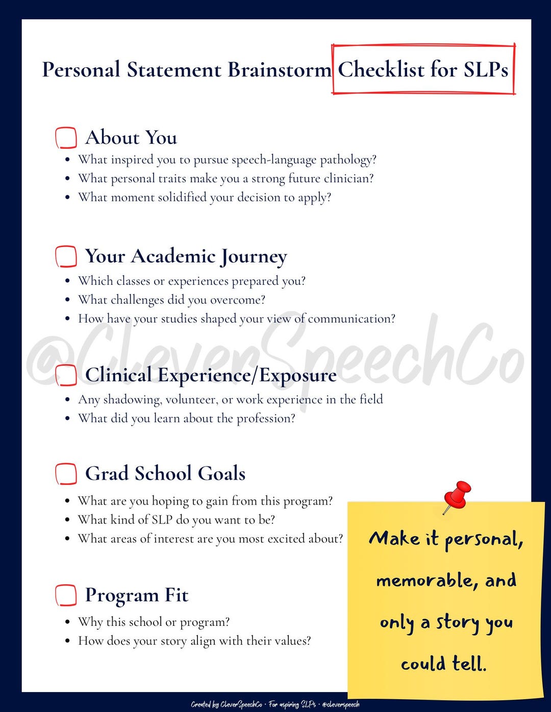 Personal Statement Brainstorm Checklist for SLP Grad School | Speech ...