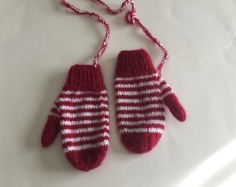 Child Red and White Striped Mittens on a String/Cord size 2 | Etsy
